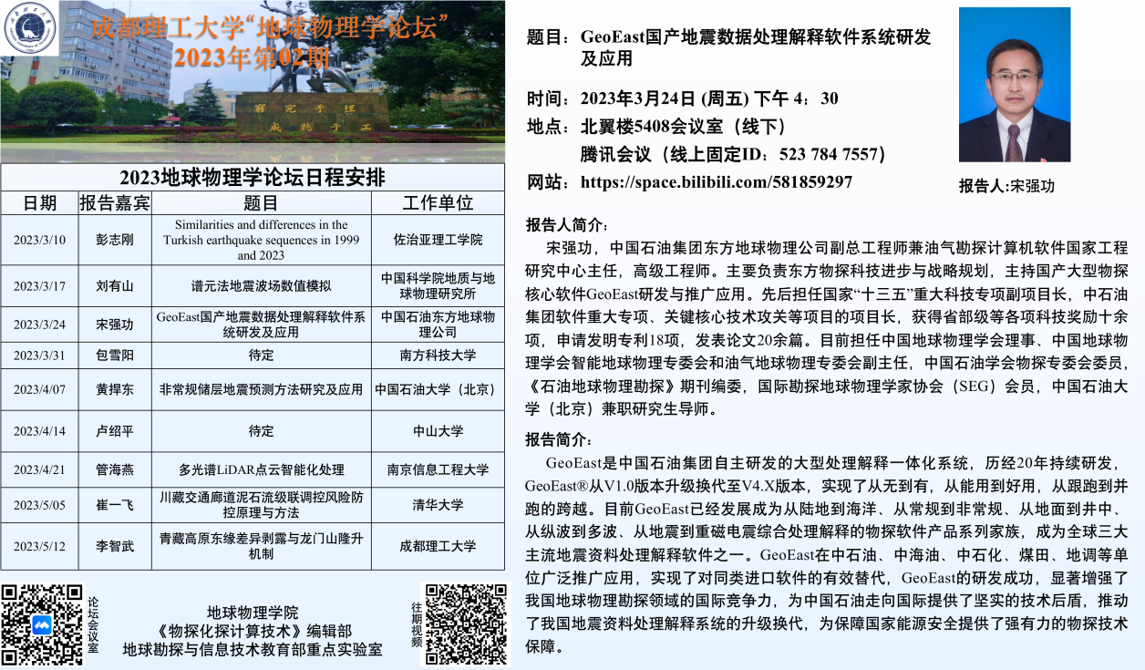 地球物理学论坛：GeoEast国产地震资料处理解释软件研发及推广新进展-成都理工大学地球物理学院